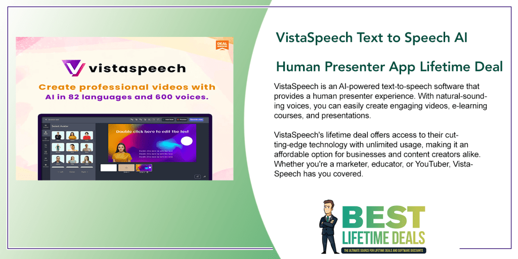 VistaSpeech Text to Speech AI Human Presenter App Lifetime Deal